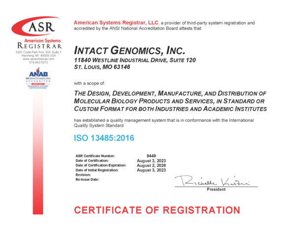 ISO 13485:2016 Certification - Intact Genomics